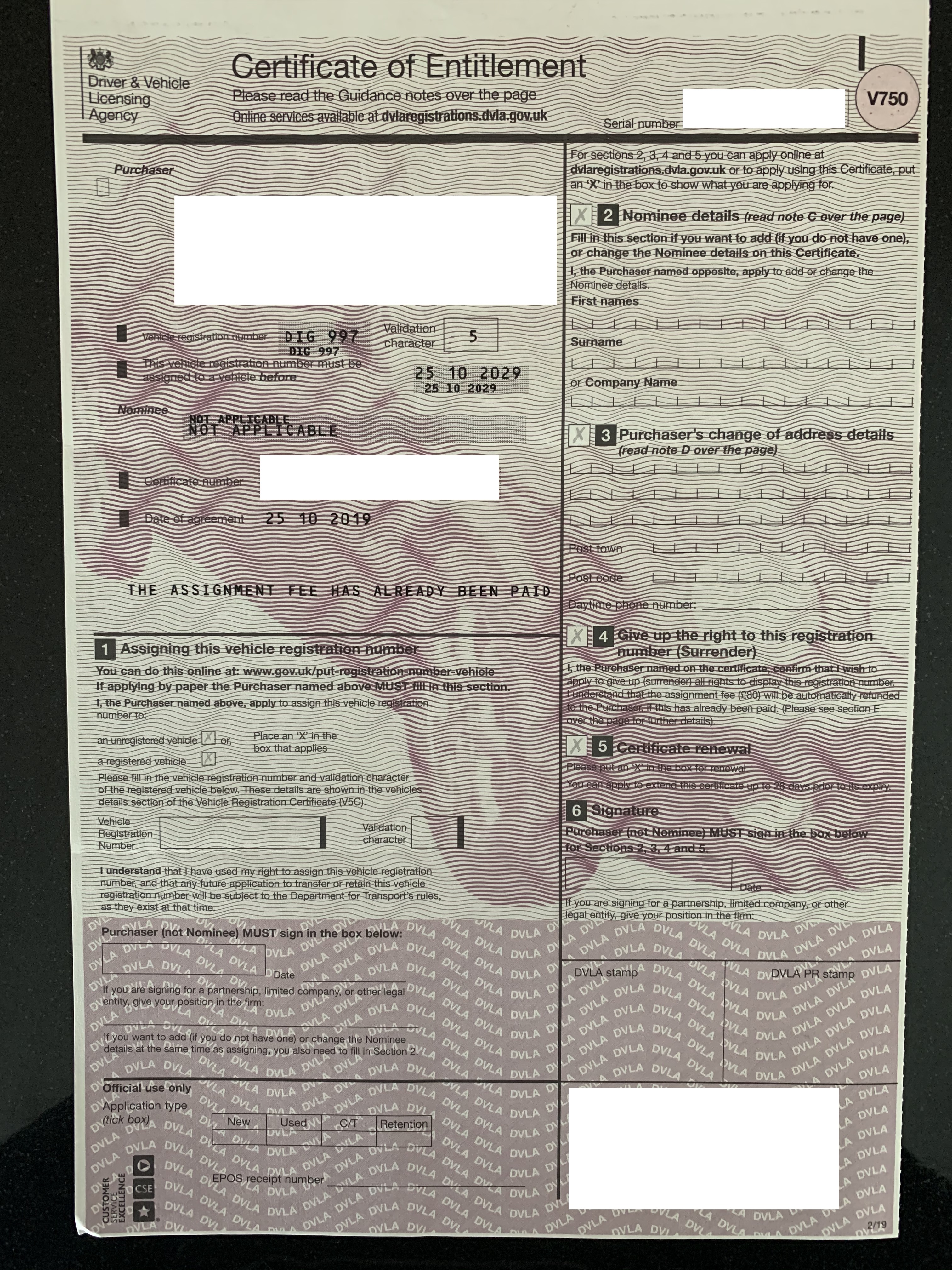 'DIG 997' - NUMBER PLATE for sale by auction in , United Kingdom