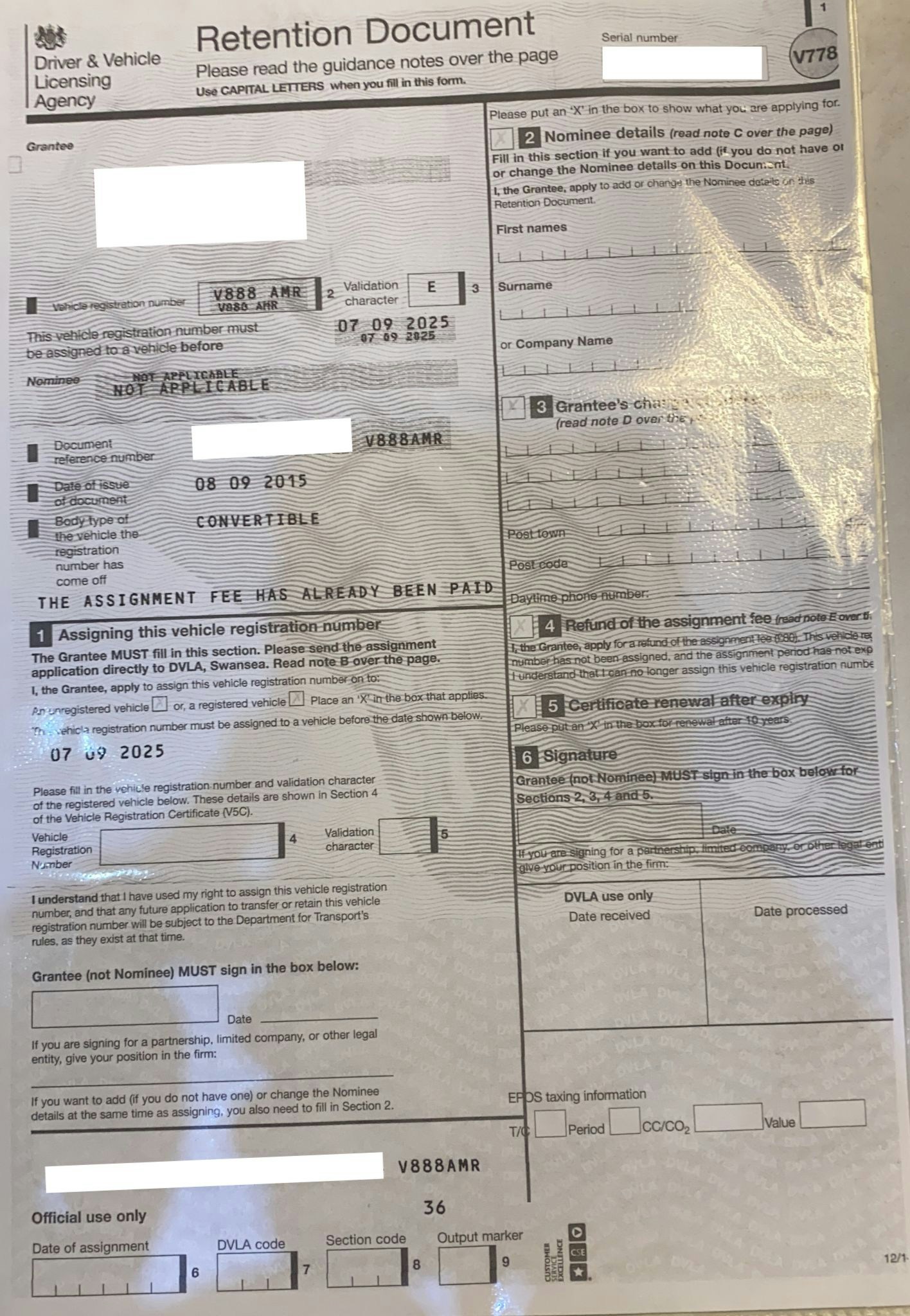 'V888 AMR' - NUMBER PLATE for sale by auction in London, United Kingdom