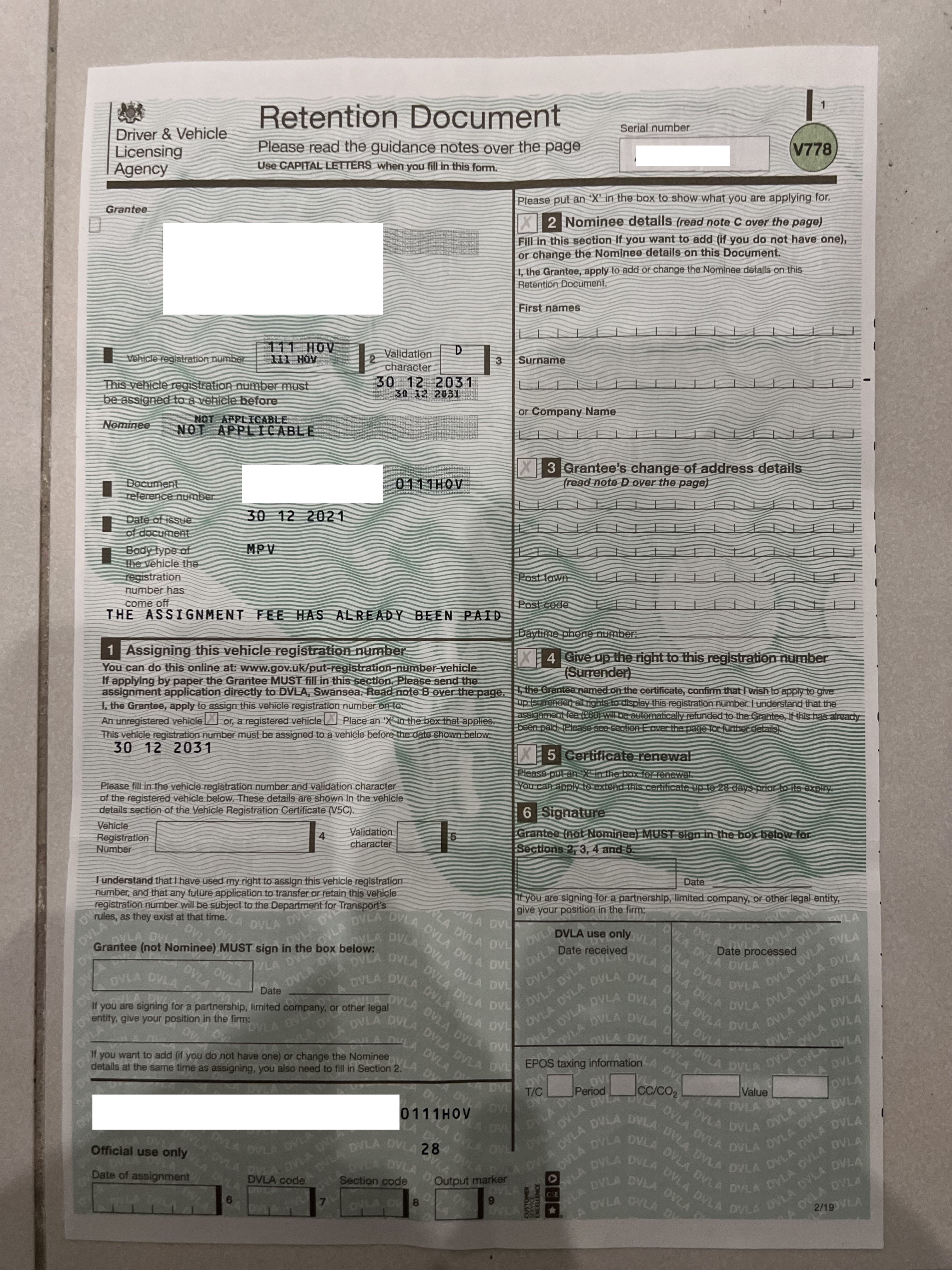 '111 HOV' - NUMBER PLATE