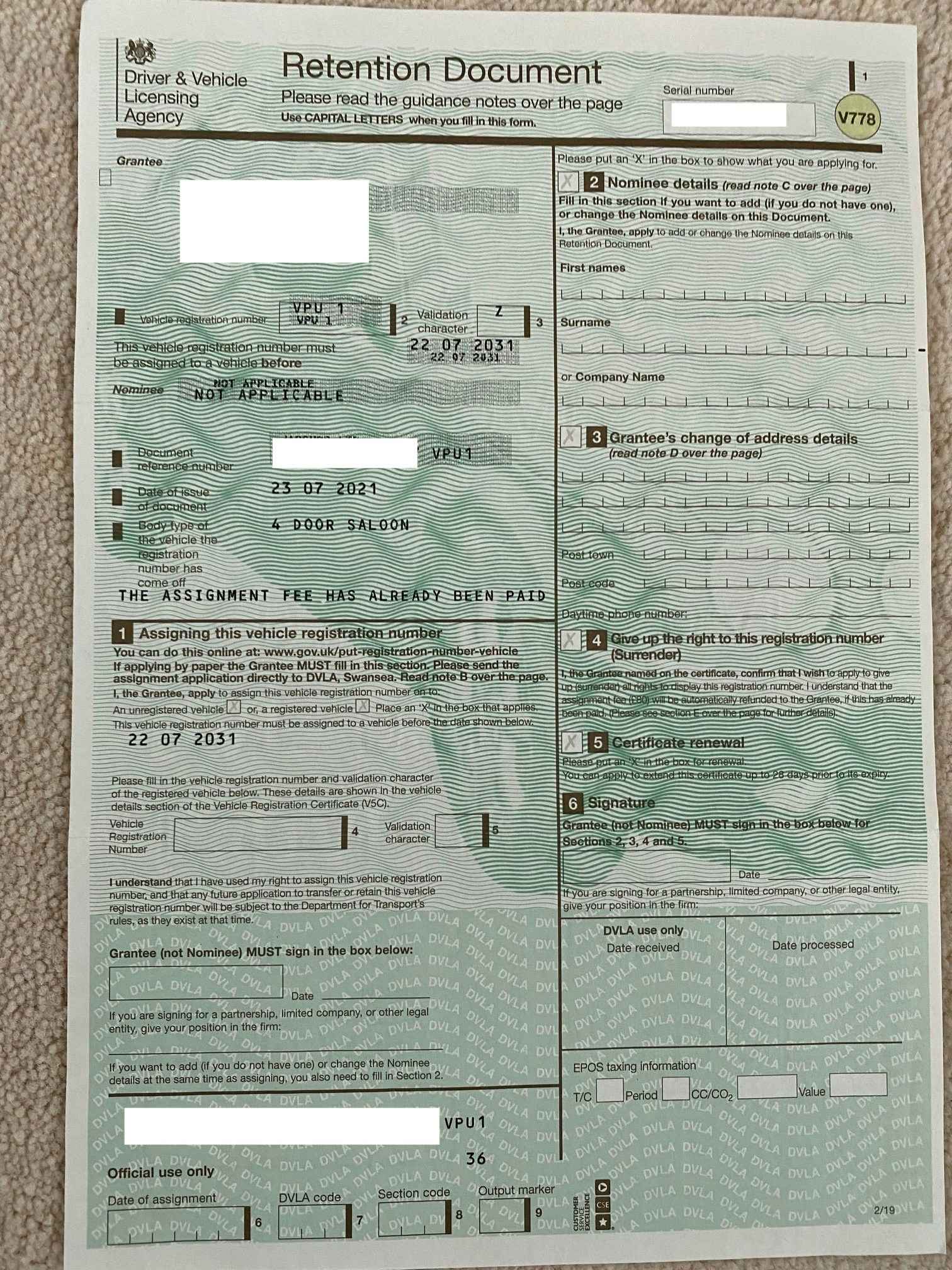 'VPU 1' - NUMBER PLATE for sale by auction in , United Kingdom