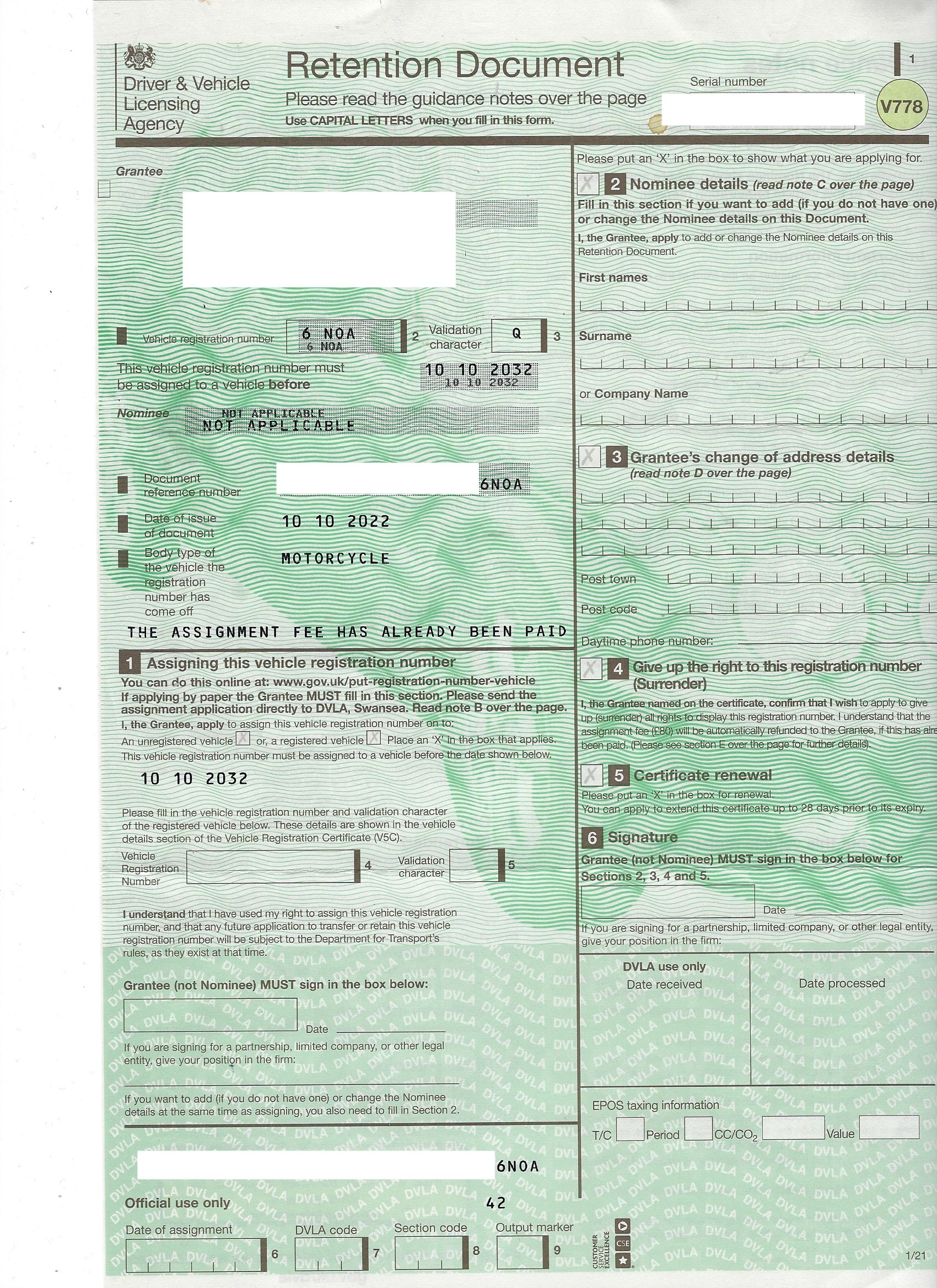 '6 NOA' - NUMBER PLATE for sale by auction in , United Kingdom