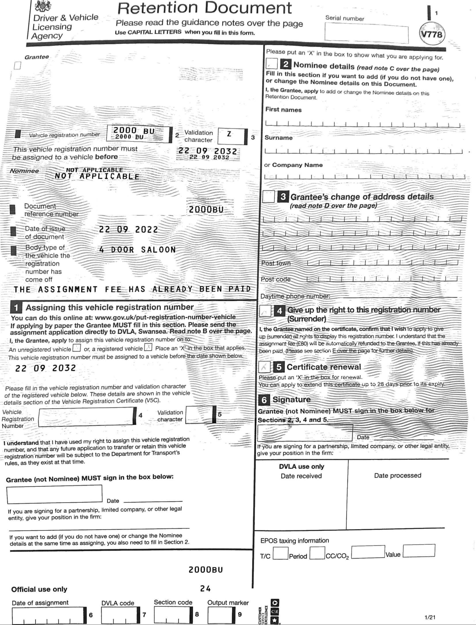 '2000 BU' - NUMBER PLATE for sale by auction in , United Kingdom