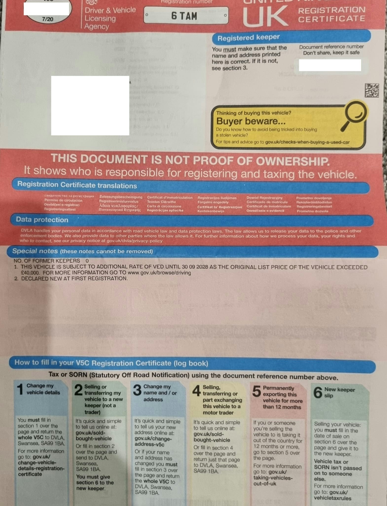 '6 TAM' - NUMBER PLATE