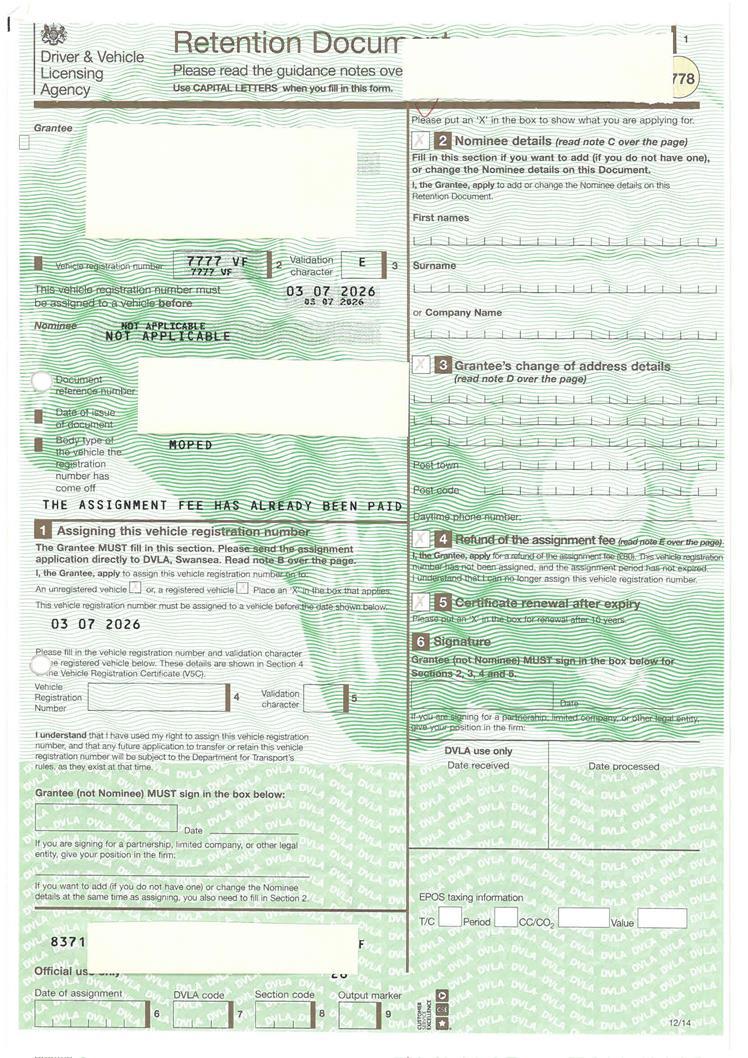 '7777 VF' - NUMBER PLATE for sale by auction in , United Kingdom