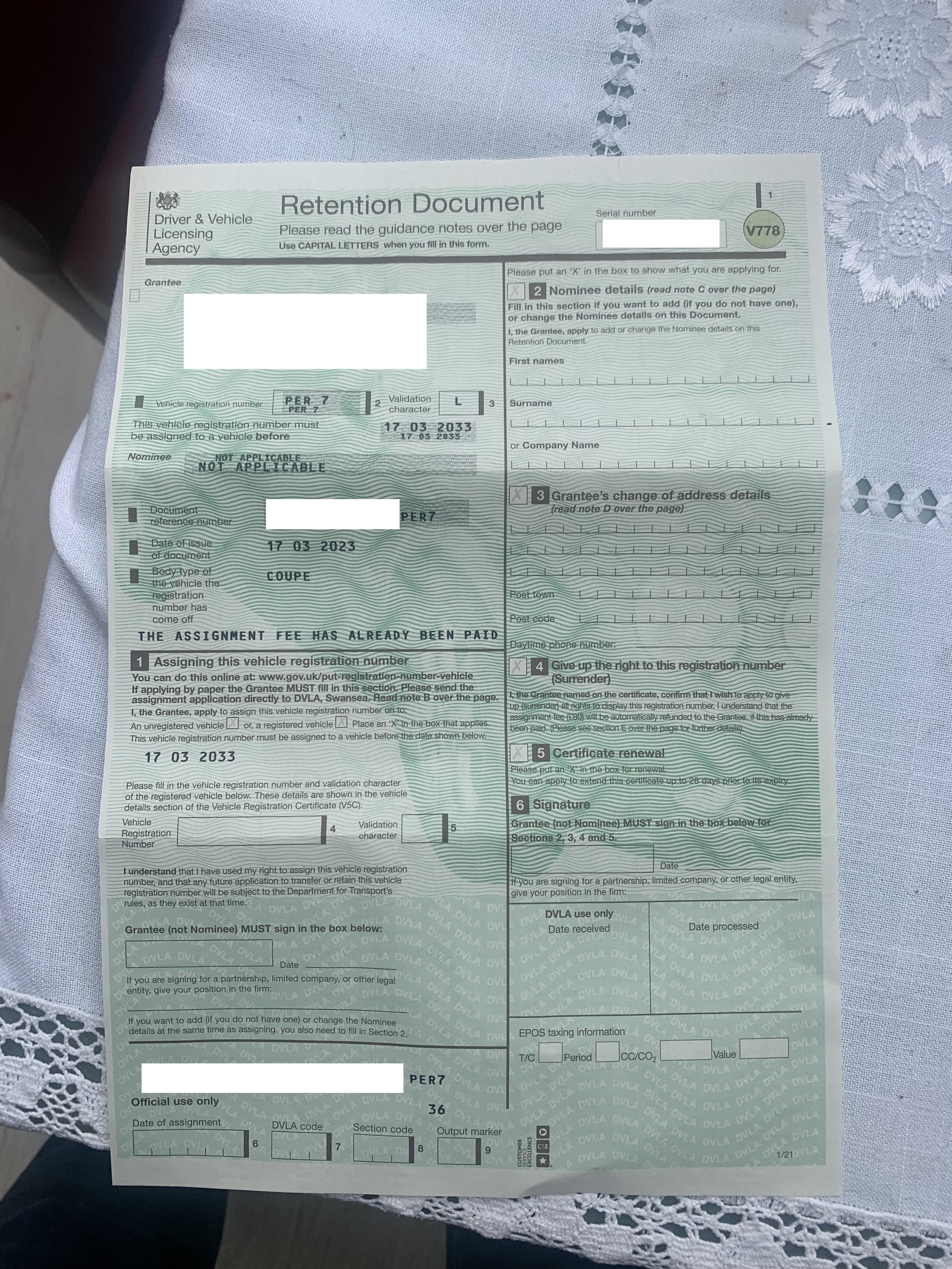 'PER 7' - NUMBER PLATE