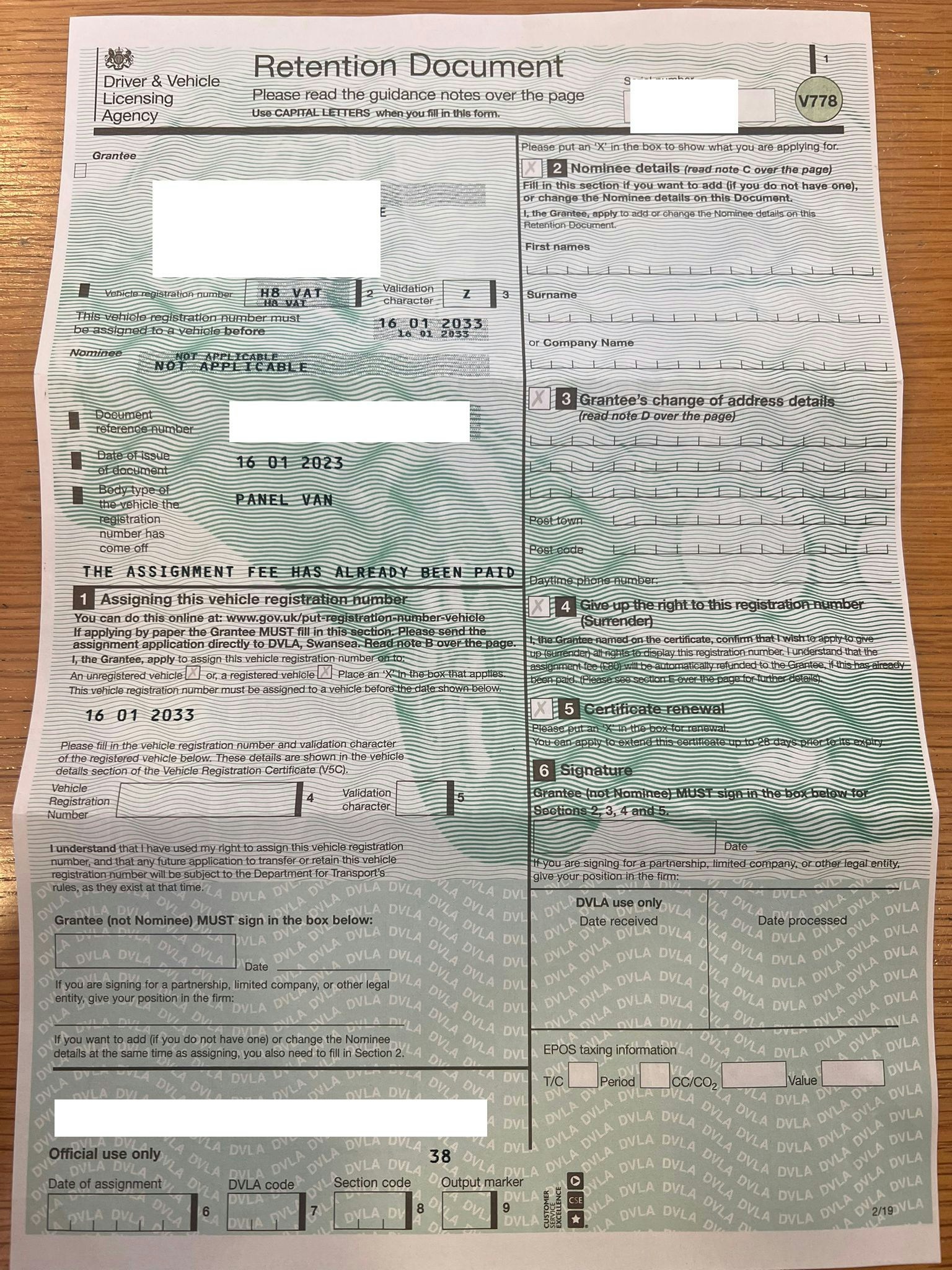 'H8 VAT' - NUMBER PLATE