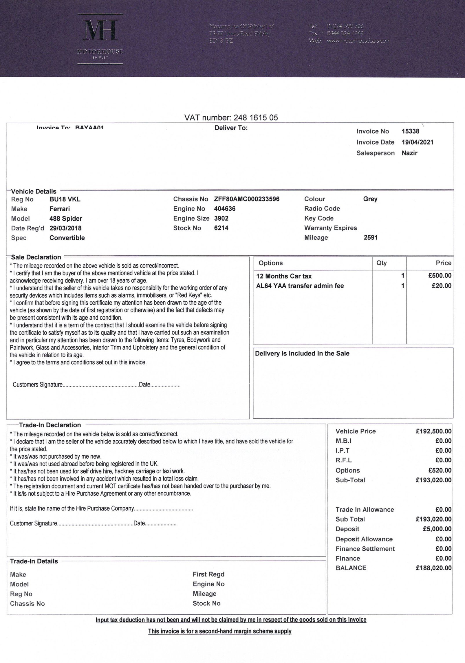 2018 FERRARI 488 SPIDER - 4,265 MILES