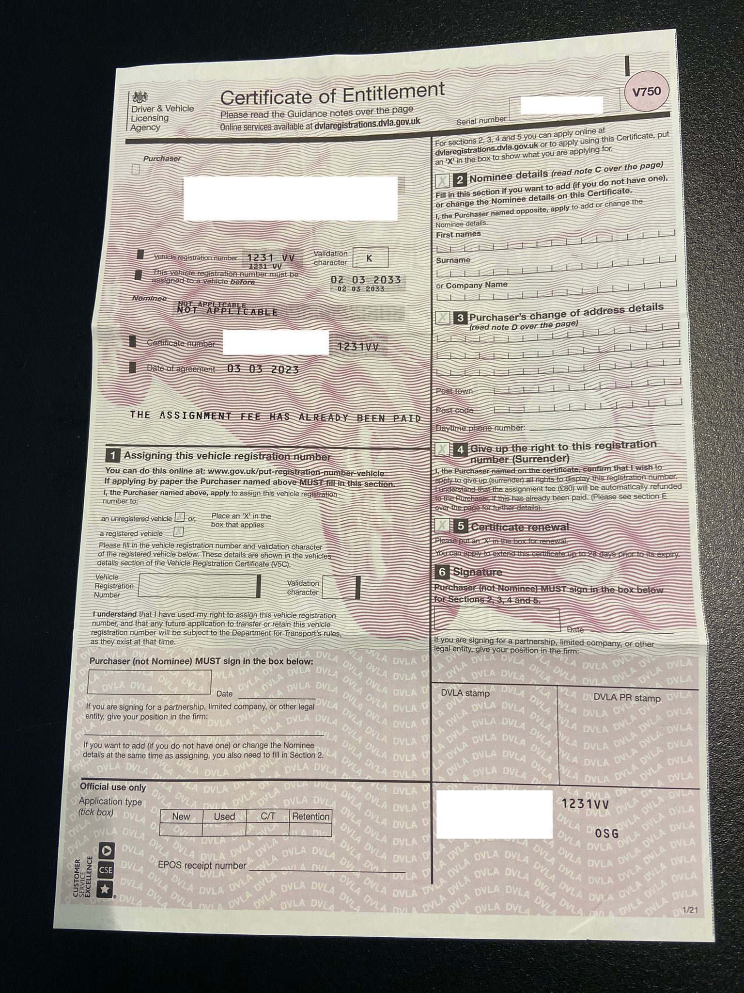 '1231 VV' - NUMBER PLATE for sale by auction in , United Kingdom