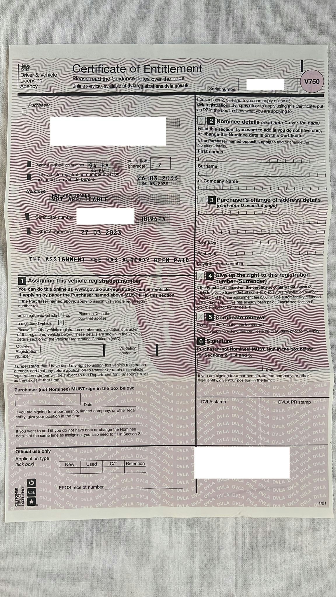 '94 FA' - Number Plate for sale by auction in , United Kingdom