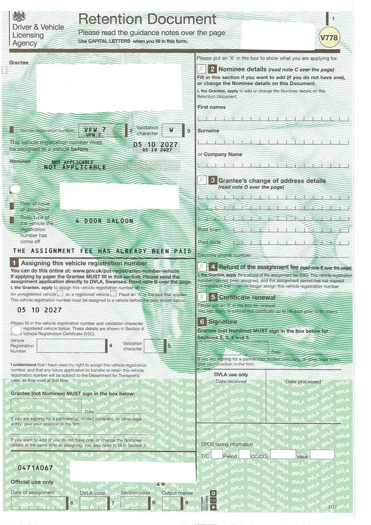 'VFW 7' - Number Plate for sale by auction in , United Kingdom