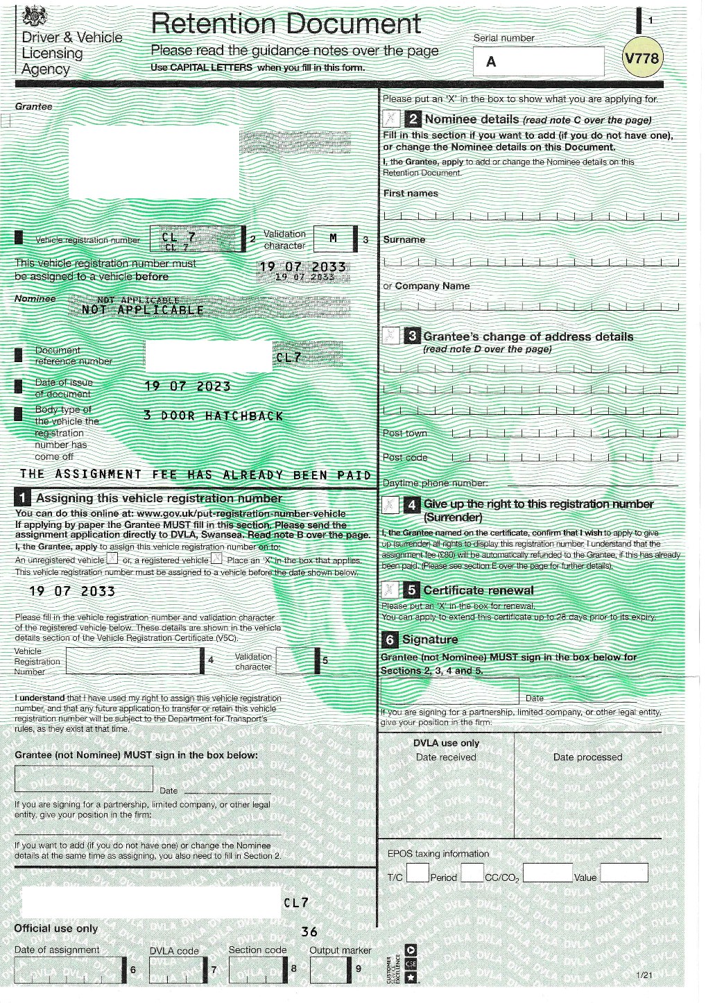 'CL 7' - Number Plate for sale by auction in , United Kingdom
