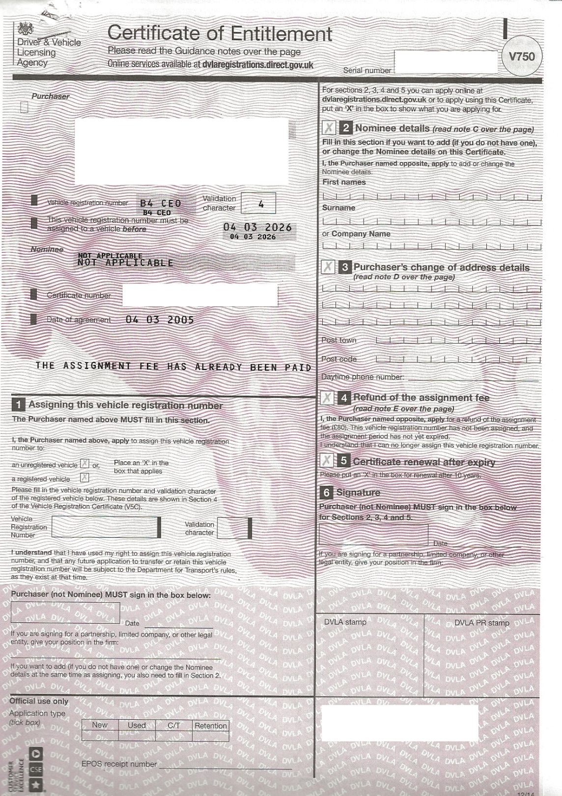 'B4 CEO' - NUMBER PLATE for sale by auction in , United Kingdom