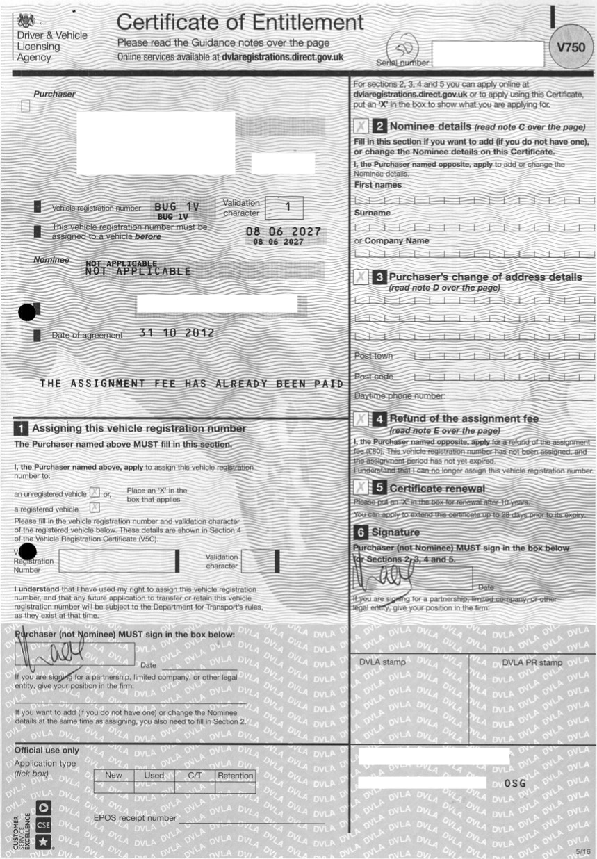 'BUG 1V' - NUMBER PLATE for sale by auction in , United Kingdom