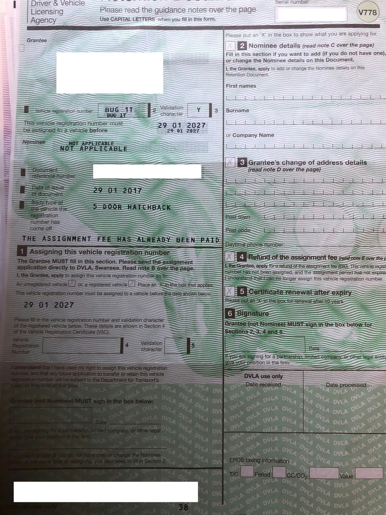 'BUG 1T' - NUMBER PLATE for sale by auction in