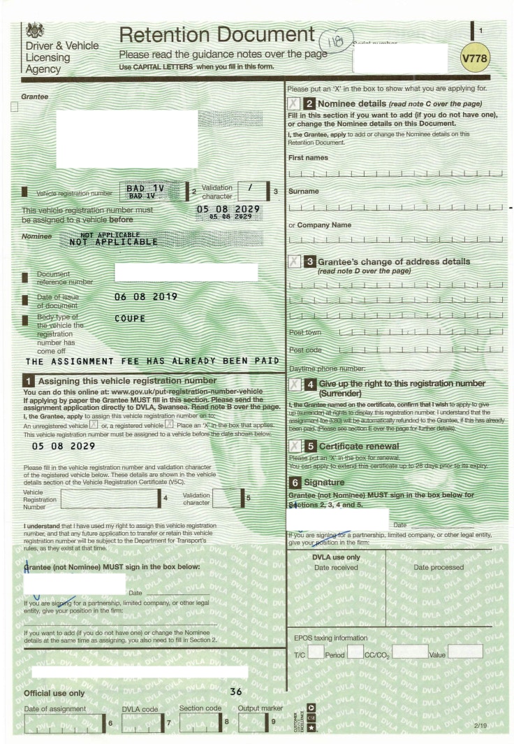 NO RESERVE: 'BAD 1V' - NUMBER PLATE for sale by auction in , United Kingdom