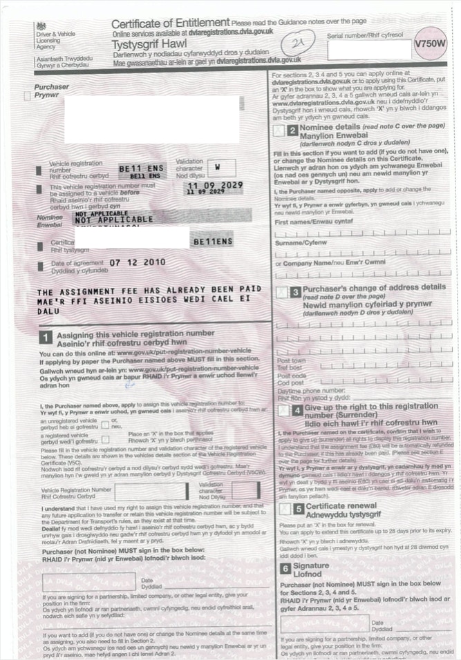 'BE11 ENS' - NUMBER PLATE for sale by auction in , United Kingdom